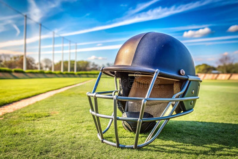 Cricket Batting Helmet with Protective Grill on Cricket Ground Stock ...