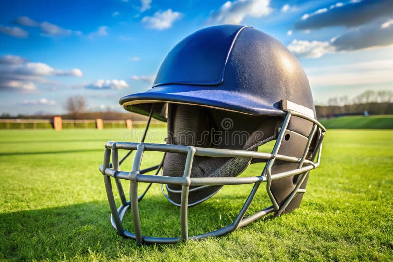 Cricket Batting Helmet with Protective Grill on Cricket Ground Stock ...