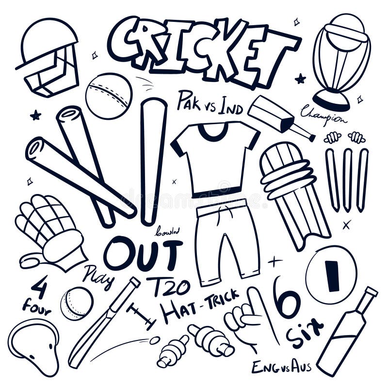 Cricket Doodle Vector Set. Hand Drawn Cricket Drawing Illustration ...