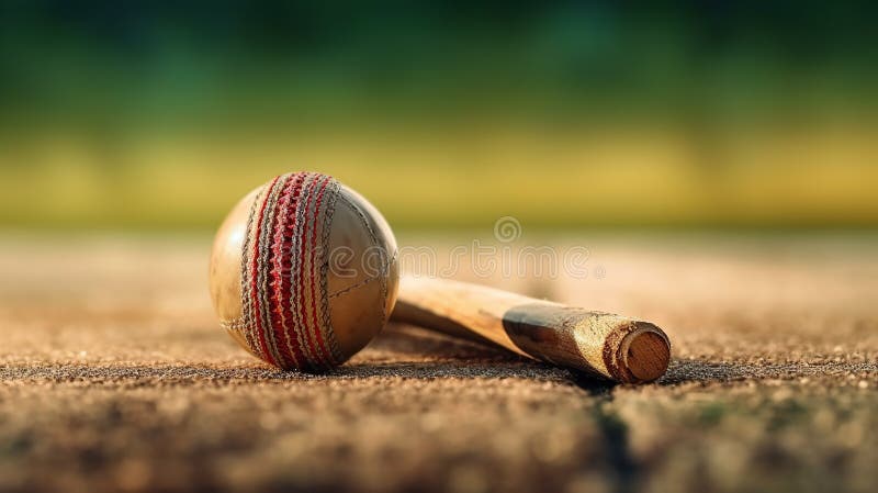 Cricket Leather Ball Resting on Bat on the Stadium Pitch Generative AI ...