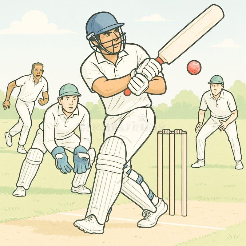 Cricket Match in Action - Hand-Drawn Illustration Stock Illustration ...