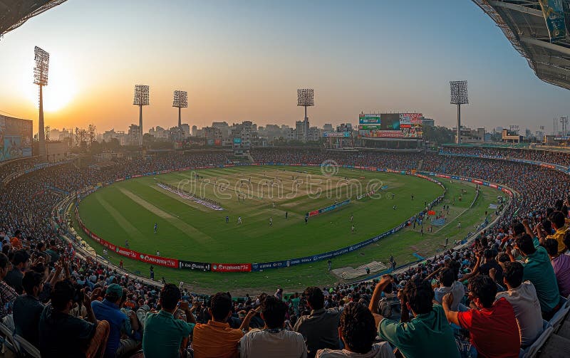 Cricket Match in Progress with Sunset View Stock Illustration ...