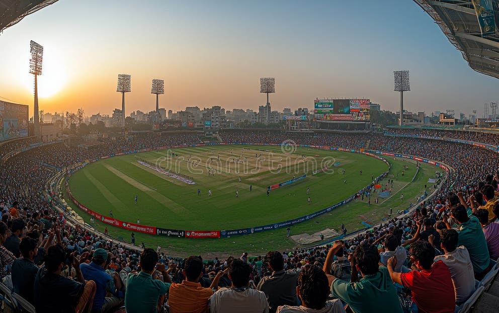 Cricket Match in Progress with Sunset View Stock Illustration ...