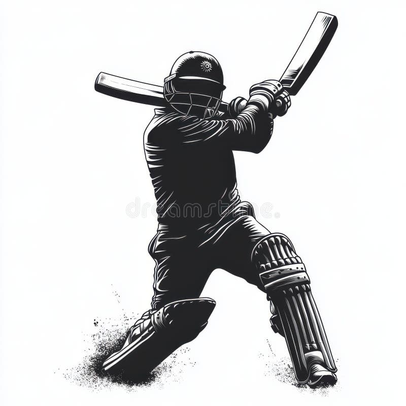 Cricket Player Powerful Swing Action Dynamic Pose Black and White ...