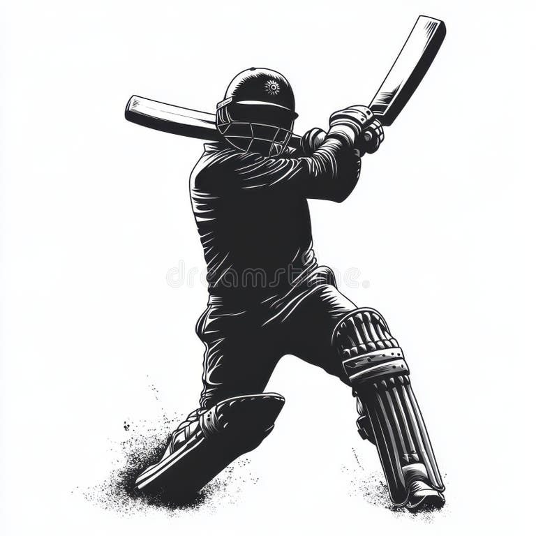 Cricket Player Powerful Swing Action Dynamic Pose Black and White ...