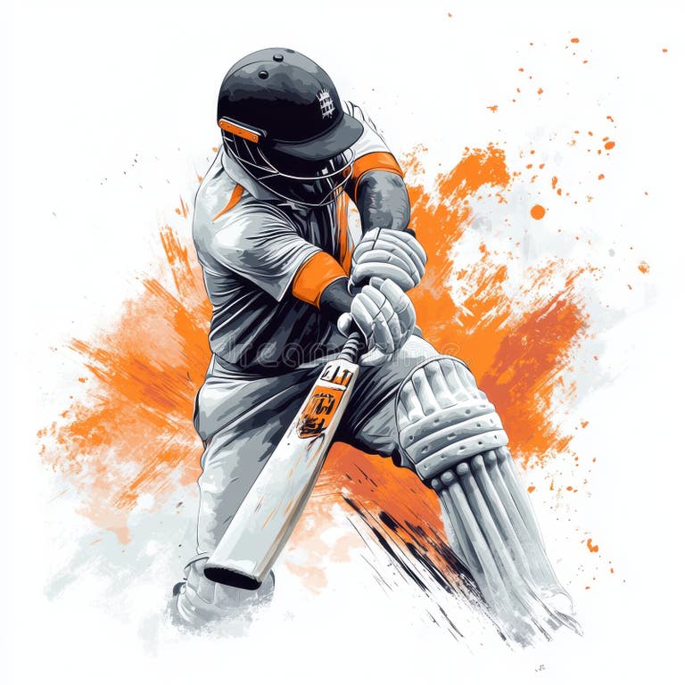 Cricket Player Powerful Swing Action Dynamic Pose Orange Splash Art ...