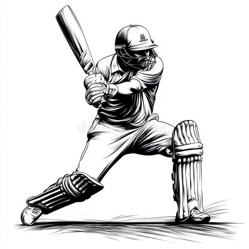Cricket Player Powerful Swing Action Intense Game Black and White ...
