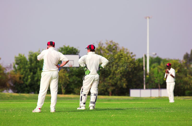 Cricket Players Standing Around Waiting on the Field Stock Image ...