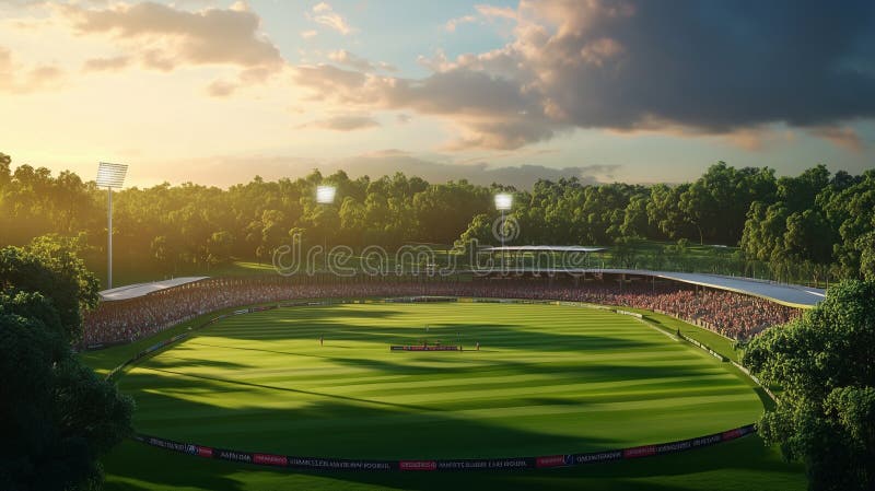 Cricket Stadium Filled with Spectators Under a Dramatic Sunset Sky ...