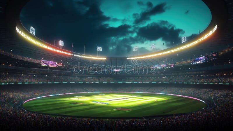 Cricket Stadium Under Dramatic Sky, Vibrant Crowd, Illuminated Field ...