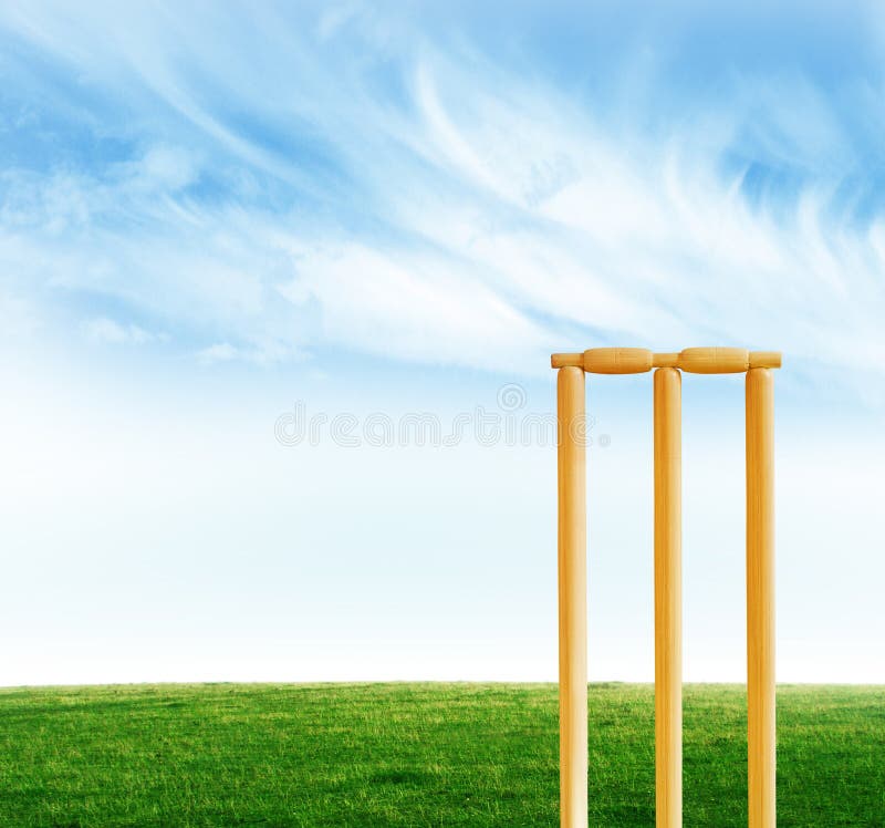 Cricket Bat, Stumps, Bails, Red Ball and White Ball Isolated on Green ...