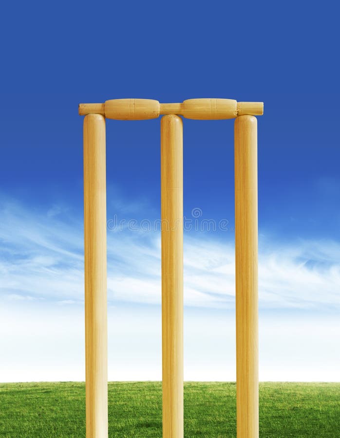 Cricket Bat, Stumps, Bails, Red Ball and White Ball Isolated on Green ...