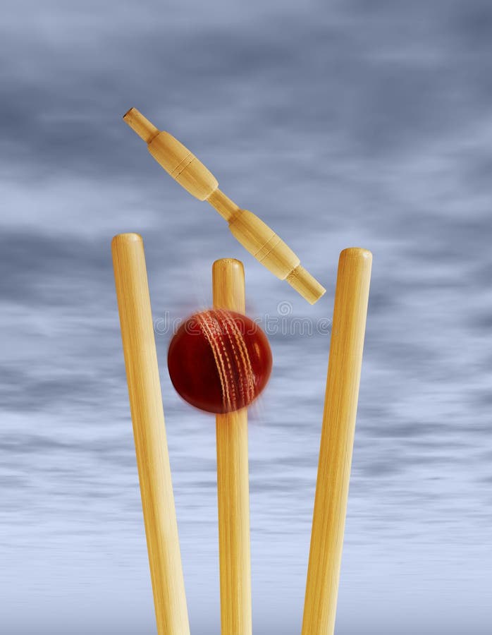 Cricket Bat, Stumps, Bails, Red Ball and White Ball Isolated on Green ...