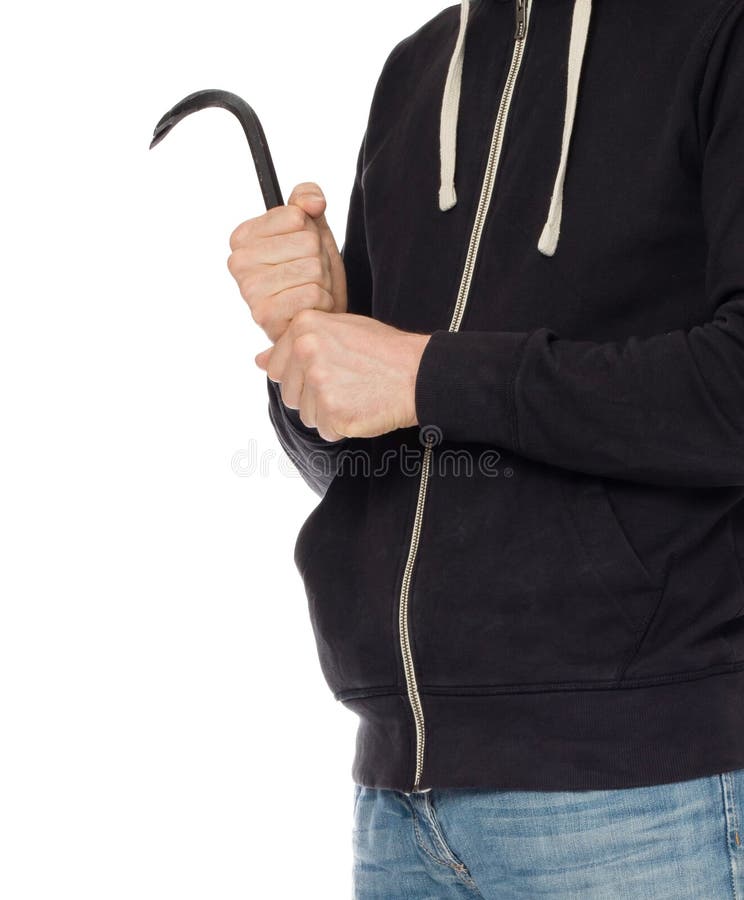 Crime Concept. Criminal in Hood with Crowbar in Hand Stock Photo ...
