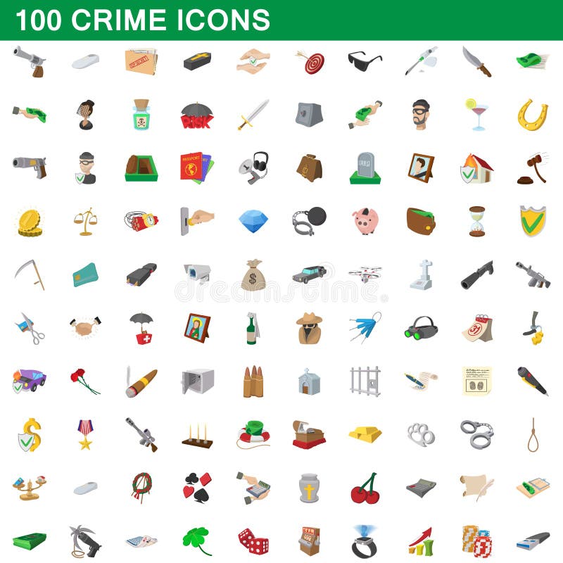 100 Crime Icons Set, Cartoon Style Stock Vector - Illustration of dead ...