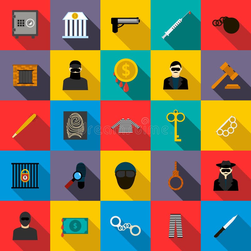 Crime Icons Set, Flat Style Stock Vector - Illustration of handcuff ...