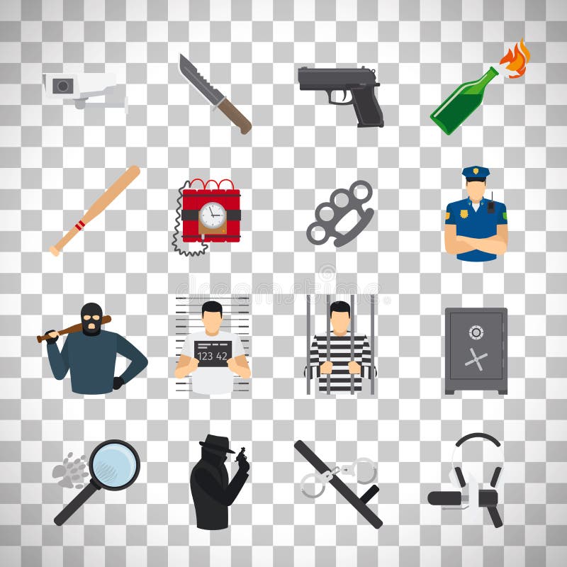 Crime Icons Set on Transparent Background Stock Vector - Illustration ...