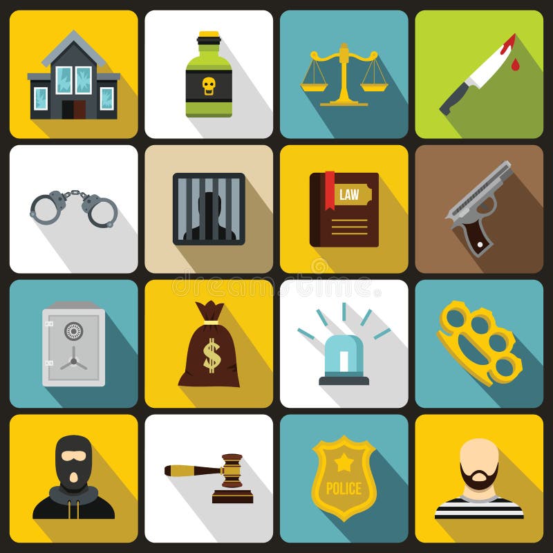 Crime and Punishment Icons Set, Flat Style Stock Vector - Illustration ...