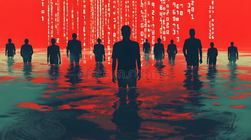 Criminal Hacker Emerges from the Water, Red Color, Matrix Style Binary ...