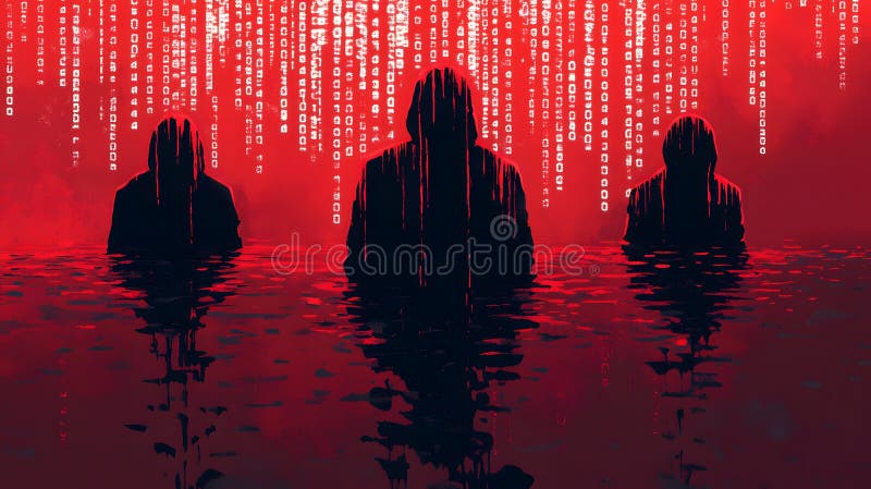 Criminal Hacker Emerges from the Water, Red Color, Matrix Style Binary ...
