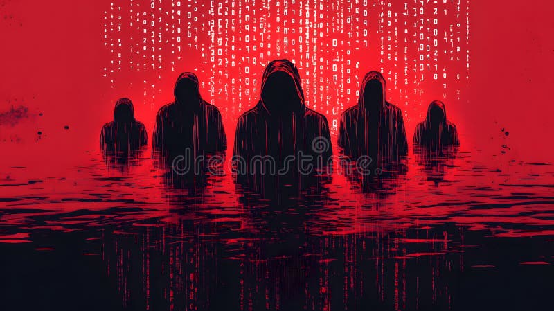 Criminal Hacker Emerges from the Water, Red Color, Matrix Style Binary ...