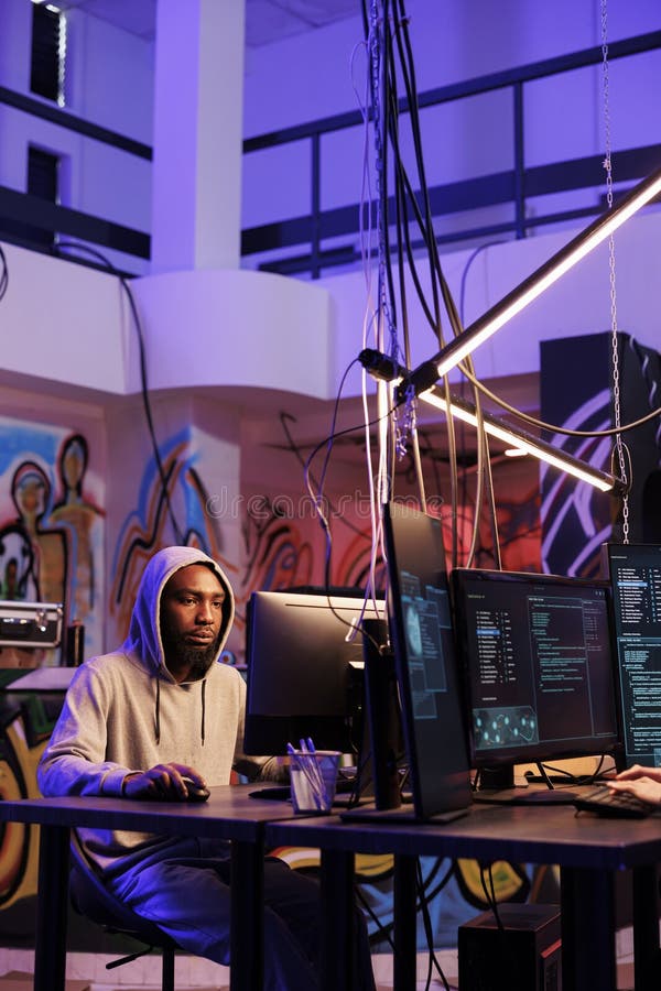 Criminal Hacking on Computer at Night Stock Photo - Image of password ...