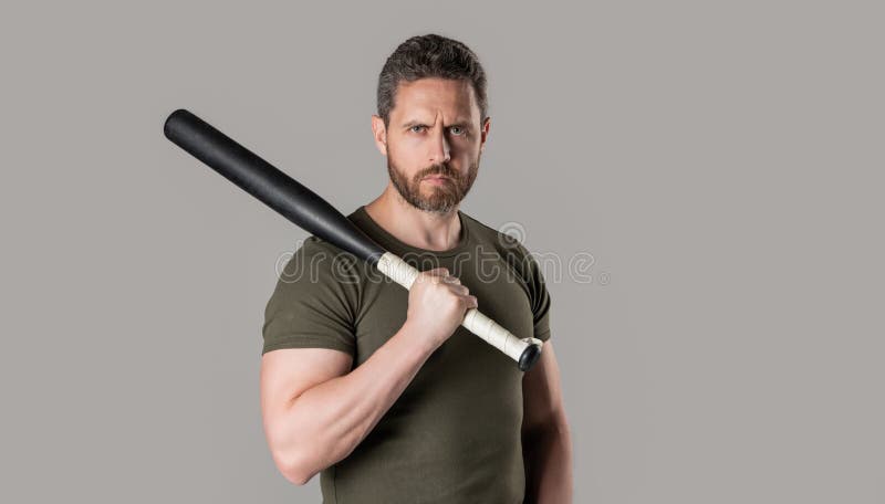 Criminal Man Threatening with Bat Standing in Studio. Criminal Man with ...
