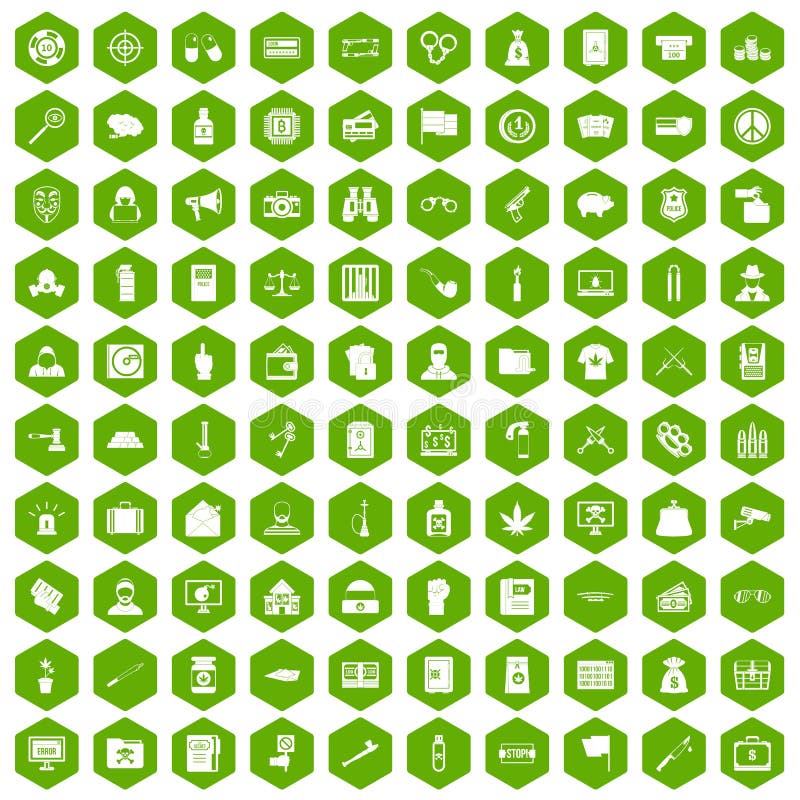 100 Criminal Offence Icons Hexagon Green Stock Vector - Illustration of ...