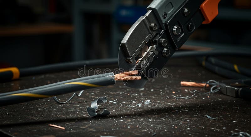 Crimping Electrical Cable with Tool for Wiring Project Stock ...