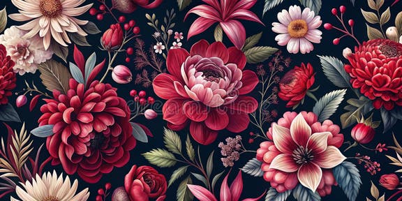 Crimson Bloom Seamless Dark Floral Pattern Stock Illustration ...