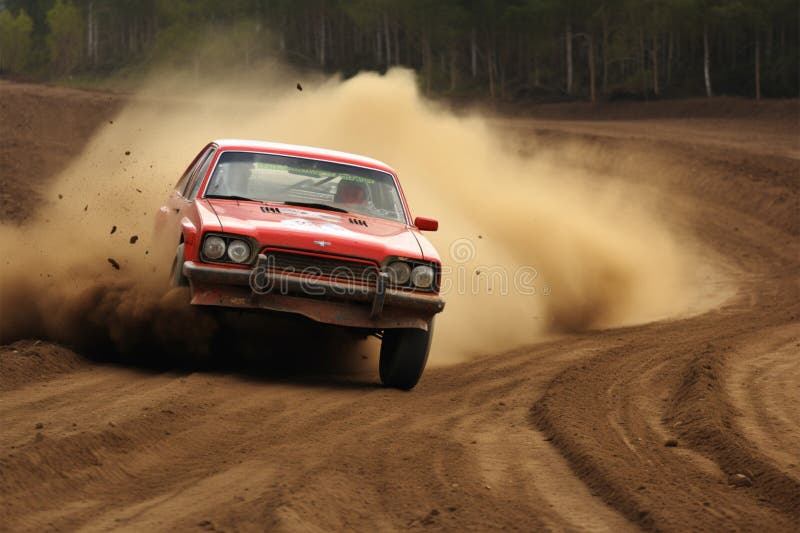A Crimson Car Navigates a Rustic Dirt Road, Dust Trailing Behind Stock ...