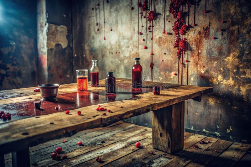 Crimson Concoctions on a Rustic Table in a Blood-stained Room ...