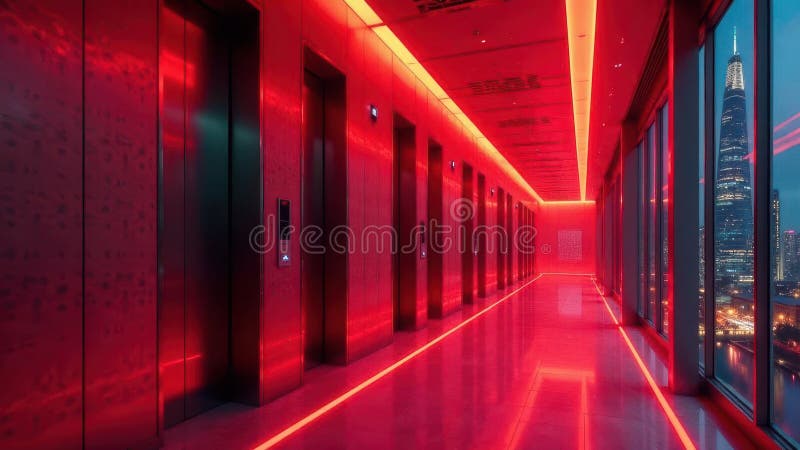 Crimson Corridor Elevators and Panoramic Night View from a Modern High ...