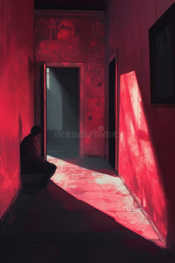 Crimson Corridor - a Solitary Figure in a Red Hallway Stock ...