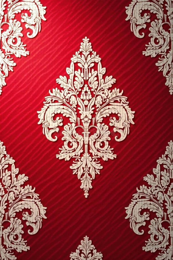 Crimson Flock Wallpaper, White Damask Pattern, Antique Feel , Red ...