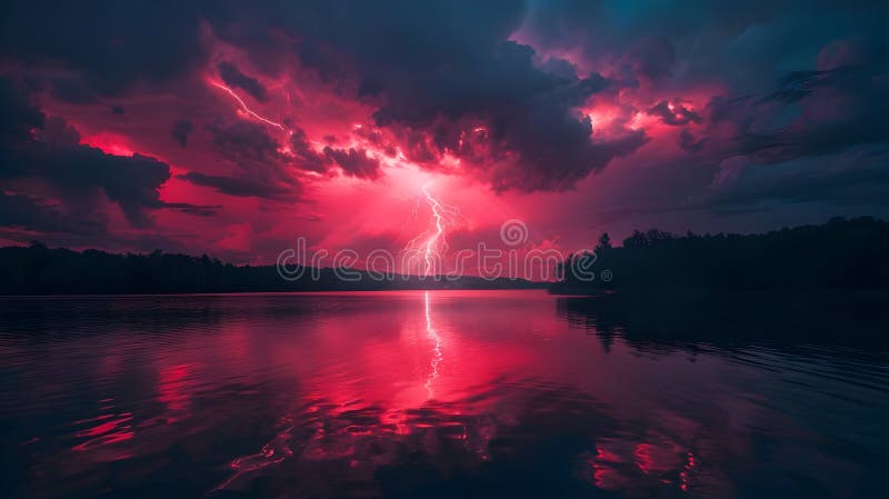 Crimson Lake Lightning Storm: a Dramatic Nightscape Illustration Stock Illustration ...