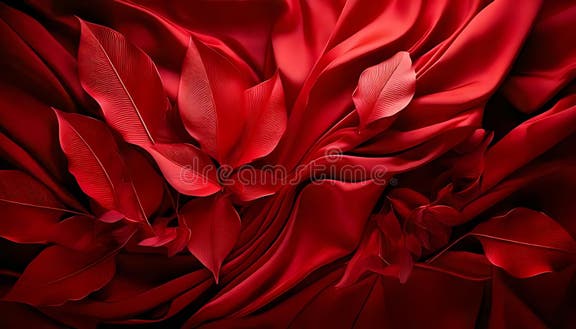Crimson Leaves Rest upon Elegantly Draped Scarlet Satin, Creating ...