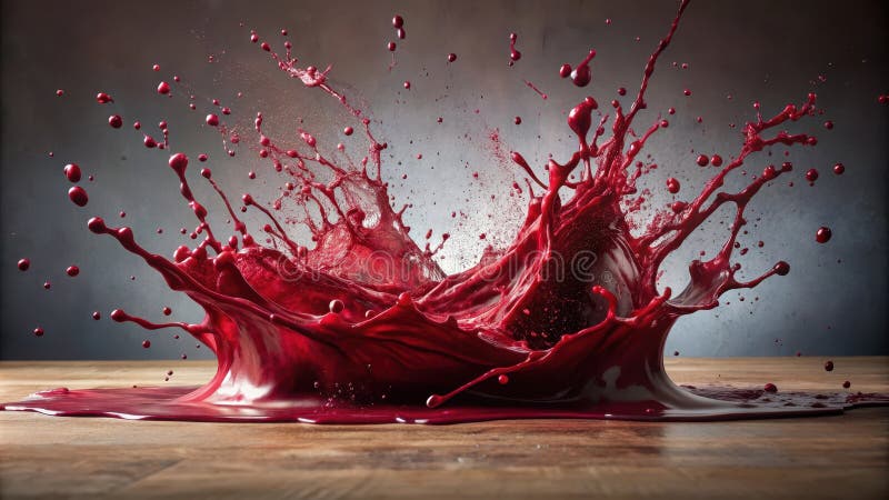 Crimson Liquid Explosion a Dynamic Splash of Deep Red Pigment on Wood ...