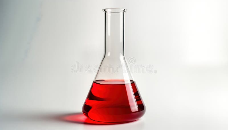 Crimson Liquid Fills Laboratory Flask. Scientific Study Experiment Equipment. Clear Glass Flask ...