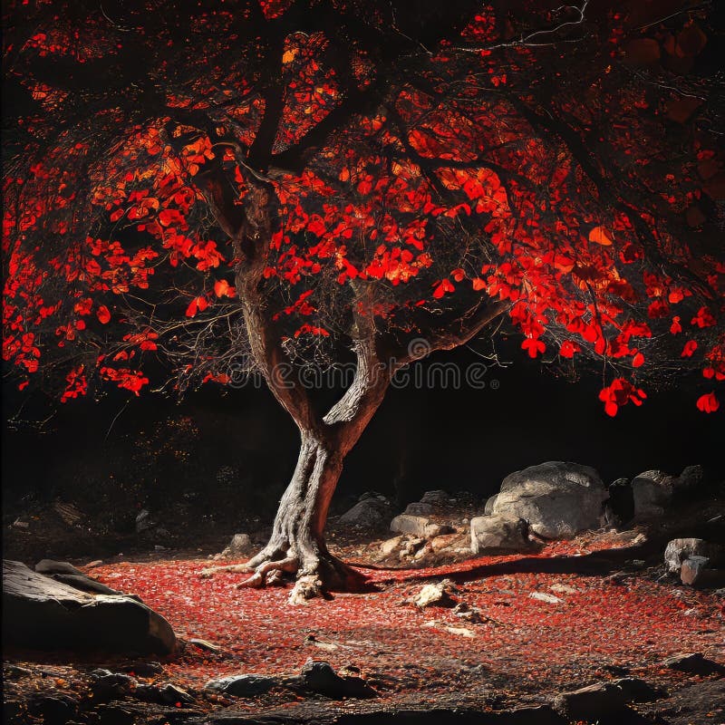A Crimson Maple Tree is Outlined Against a Black Backdrop Stock Photo ...