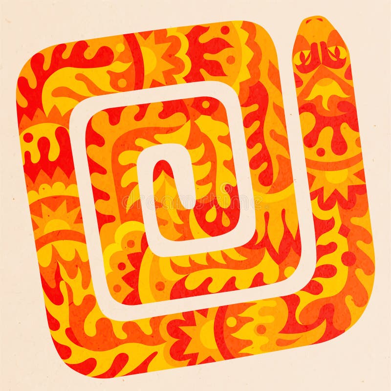 Crimson Mythical Snake. Bright Ethnic Illustration with Sun Pattern ...