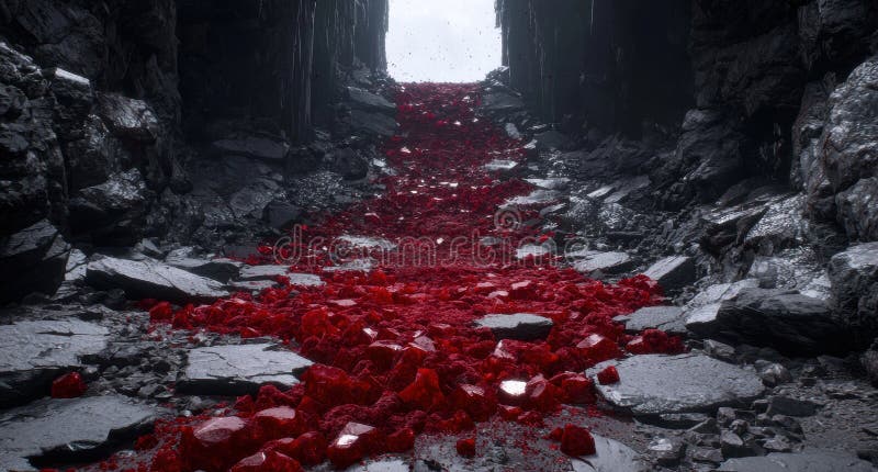 Crimson Path through Dark Rocky Ravine Stock Illustration ...
