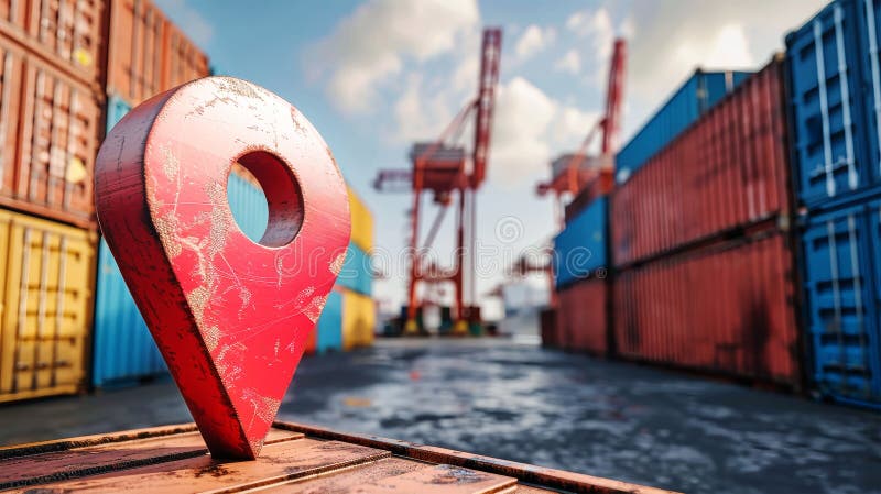 A Crimson Pin Rests Atop a Container Amidst a Backdrop of Shipping ...