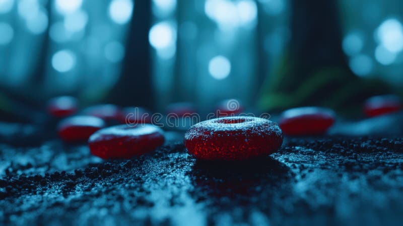 Crimson Rings Enigmatic Objects Scattered on a Blue Terrain Stock Image ...