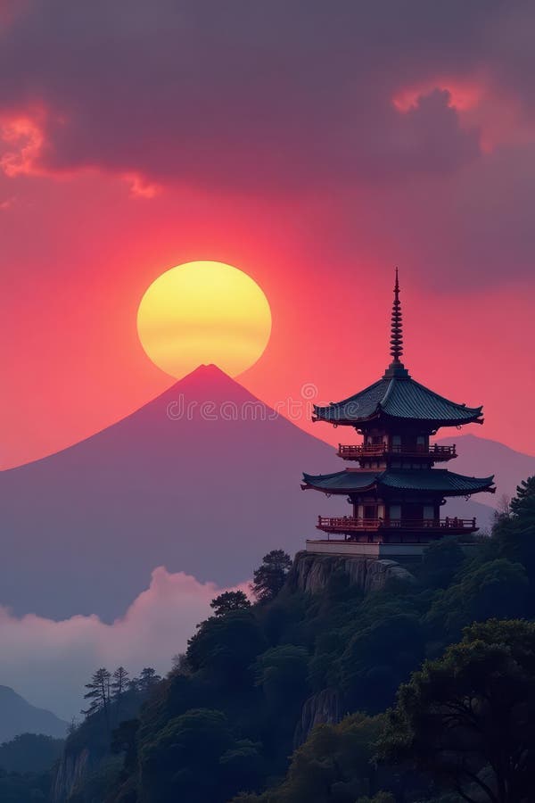 Crimson Sky Ignites Clouds Behind Weathered Pagoda Atop a Mountain ...