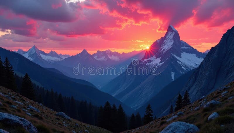 Crimson Sky Paints Rugged Peaks, Valley Hushed in Twilight , Rocks ...