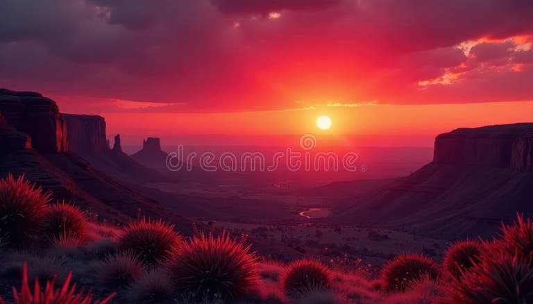 Crimson Sun Dips Below Distant Mesas Casting Long Shadows Rocks Glow ...