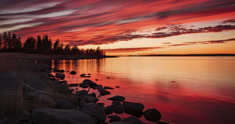 A Crimson Sunset Casting Its Glow Over the Gulf S Tranquil Waters Stock ...