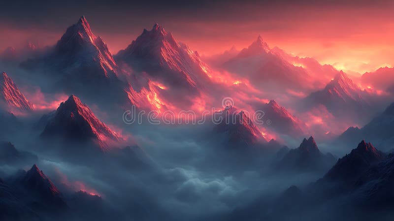 Crimson Sunset Over Majestic Mountain Ranges Stock Image - Image of ...
