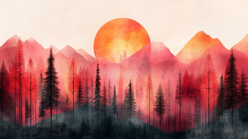 Crimson Sunset Over a Silhouetted Forest and Mountain Range Stock ...